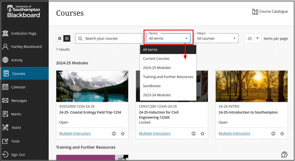 Blackboard – Find and organise your list of courses – eLearning Support ...