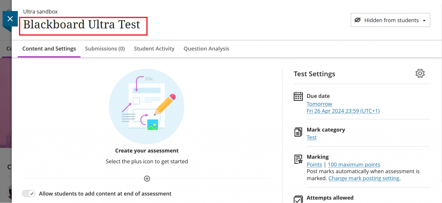 Blackboard Ultra – Create a Blackboard Test – eLearning Support and ...